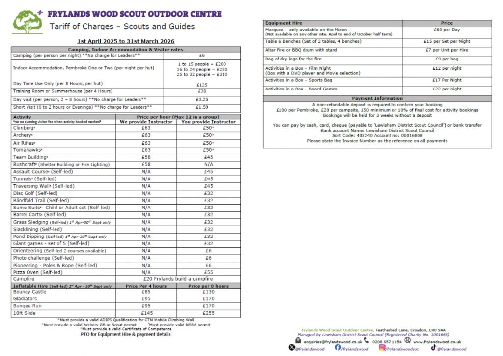 Prices – Frylands Wood Scout Outdoor Centre