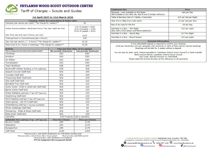 Prices – Frylands Wood Scout Outdoor Centre