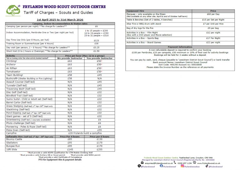 Prices – Frylands Wood Scout Outdoor Centre