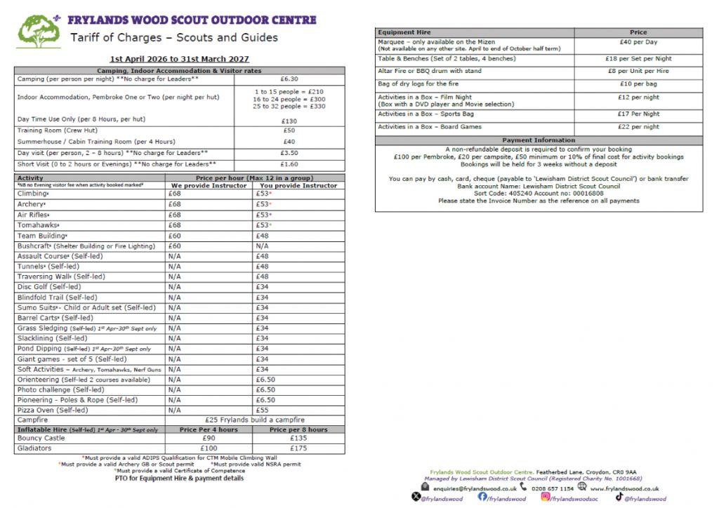 Prices – Frylands Wood Scout Outdoor Centre